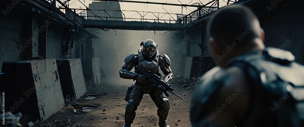 cyborg soldier fighting in a warzone movie story seen trail cam footage ...