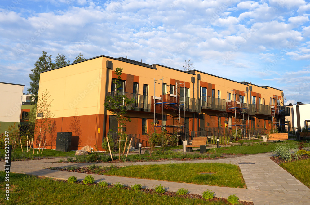 Townhouse facade exterior. Modern twin house design. Townhome in suburb ...