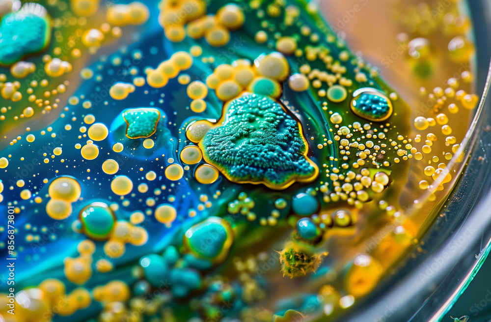 Close-up view of various microorganisms inside a petri dish, showcasing ...