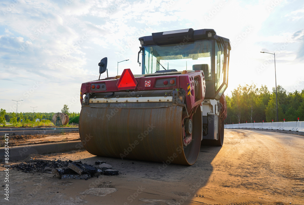 Roadworks, Road construction. Paving roller on roadworks at ...
