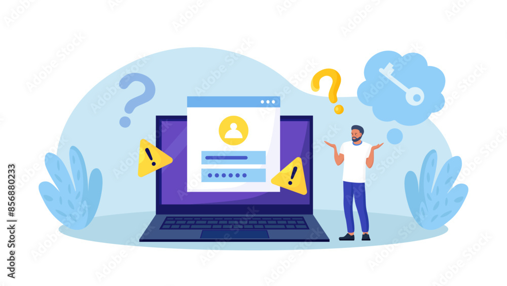 Confused man forgetting her password for web page. User assistance and ...