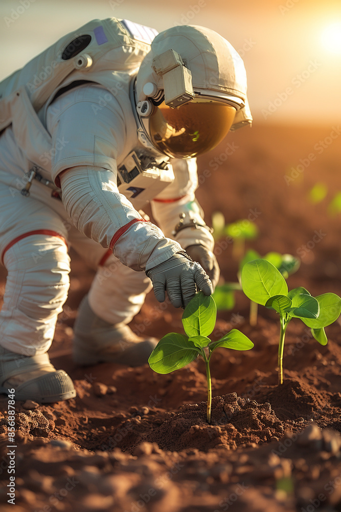 Astronaut in a spacesuit nurturing green plants on Martian soil ...