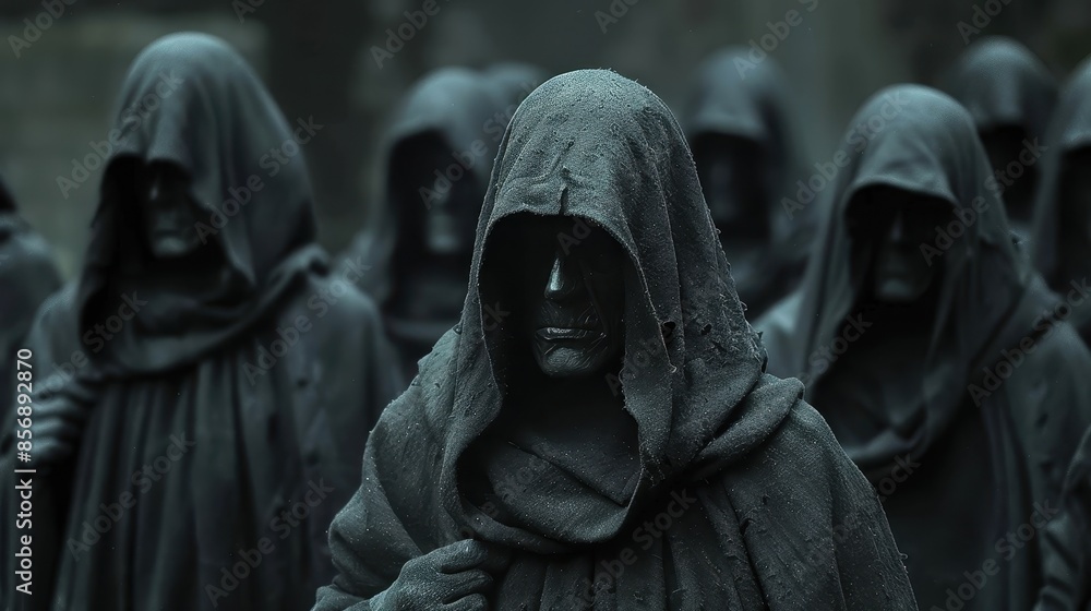 Group of figures cloaked in black hooded robes, reminiscent of a scene ...