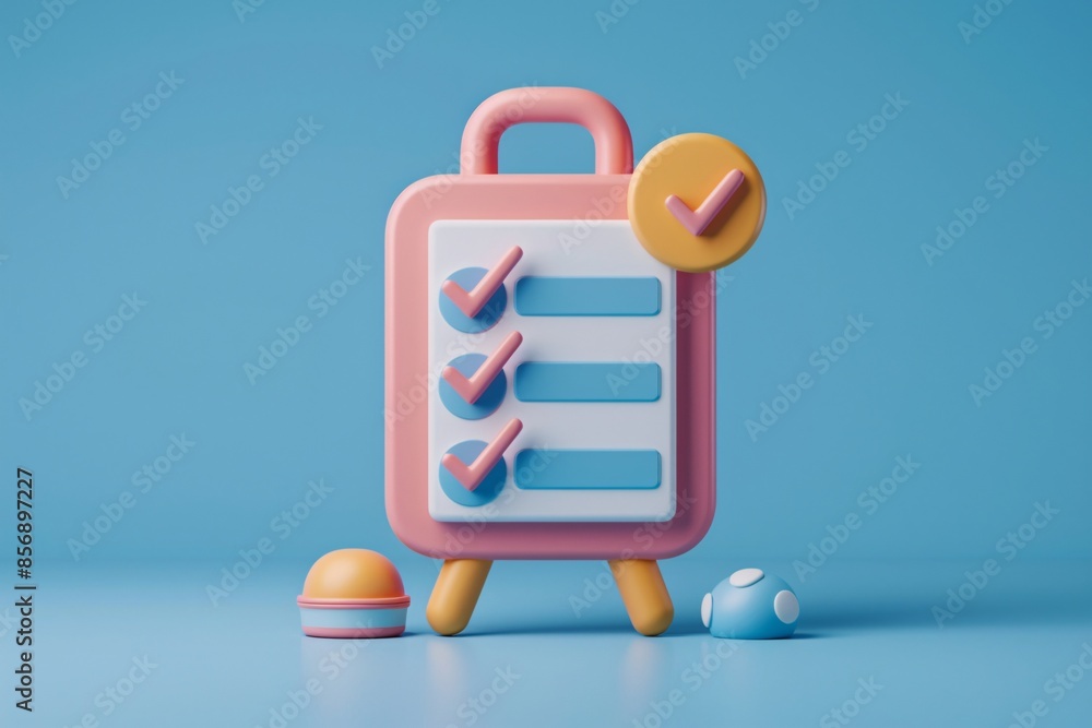 3D illustration of a checklist on a stand with checkmarks and a tick ...