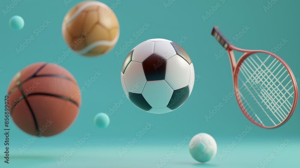 3D soccer ball, a basketball, and tennis racket floating in mid-air ...