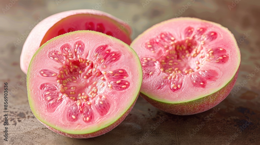 Sliced Guava An eye-level view of a sliced guava reveals its pink ...