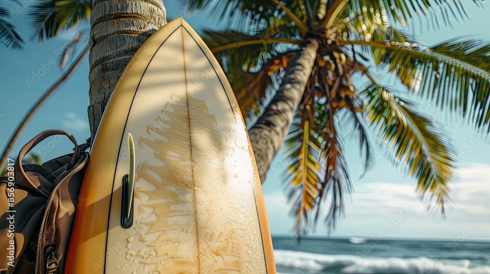 Surfs Up A surfboard leans against a palm tree, fins peeking from a ...