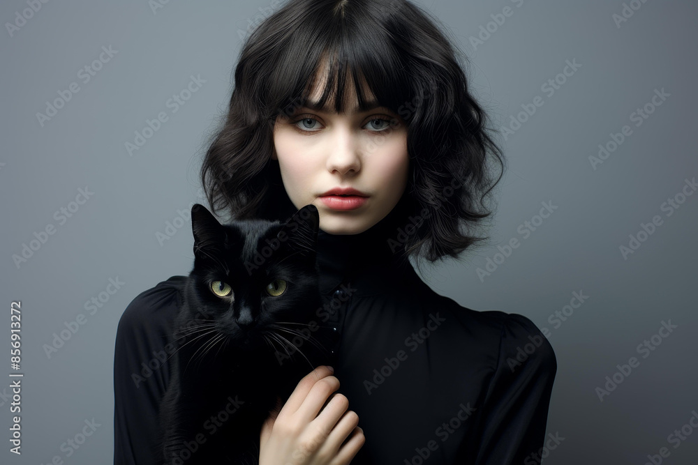 Surreal image of stylized woman in black outfit holding a black cat ...