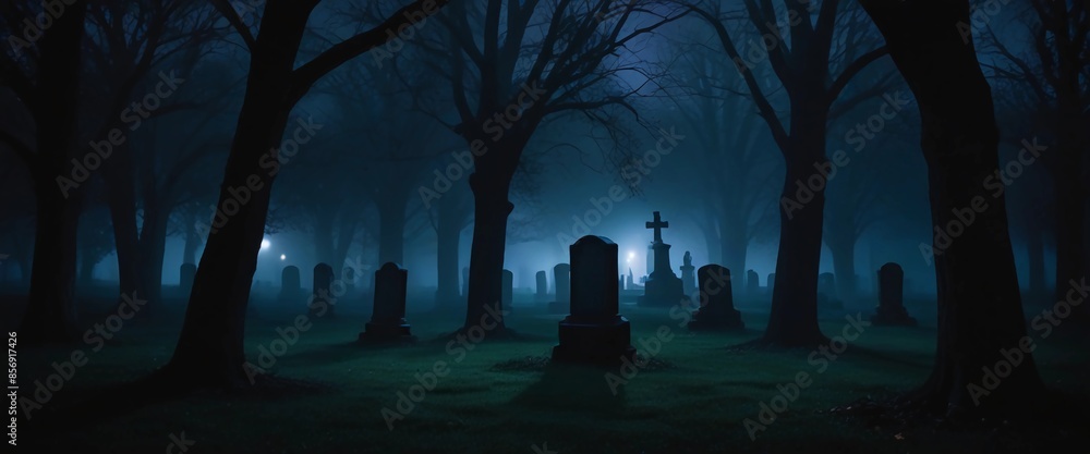 Experience the eerie ambiance of a graveyard under a full moon, where ...