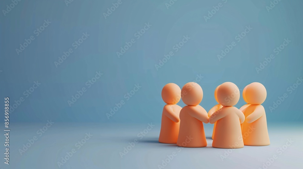 Group of orange figurines standing together on a blue background ...