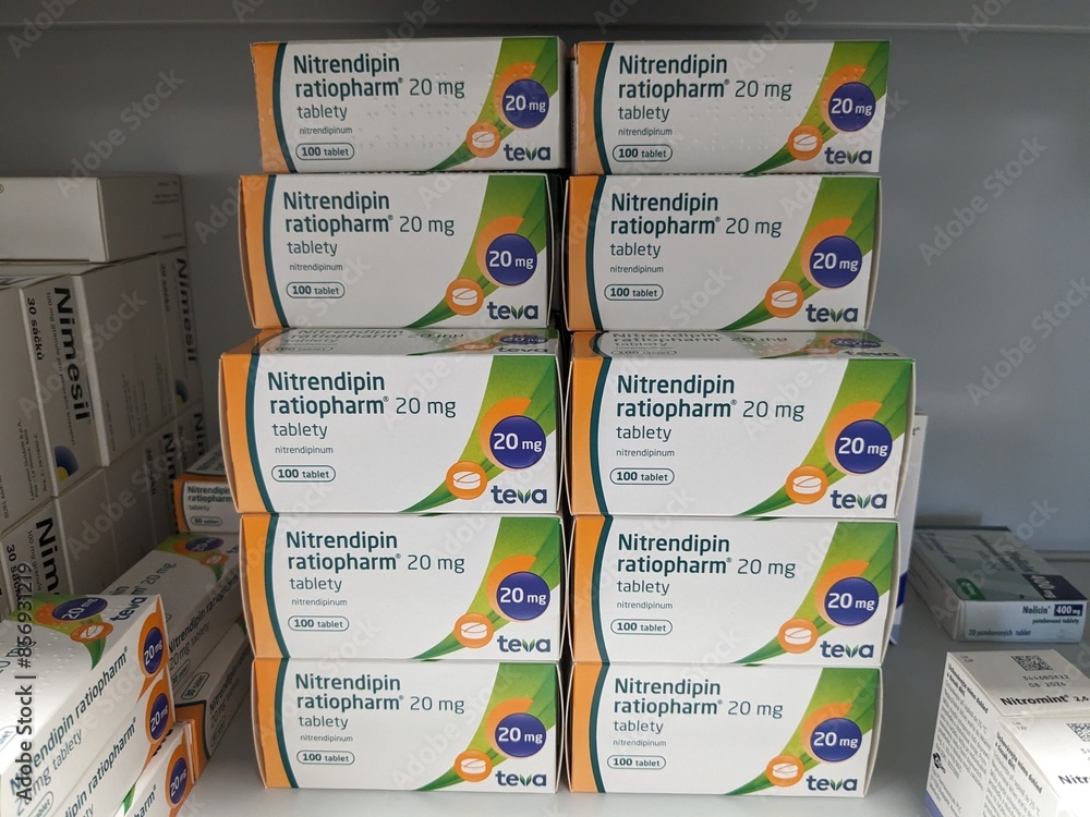 Prague,Czech republic-June 17 2024: Nitrendipin Ratiopharm box of ...