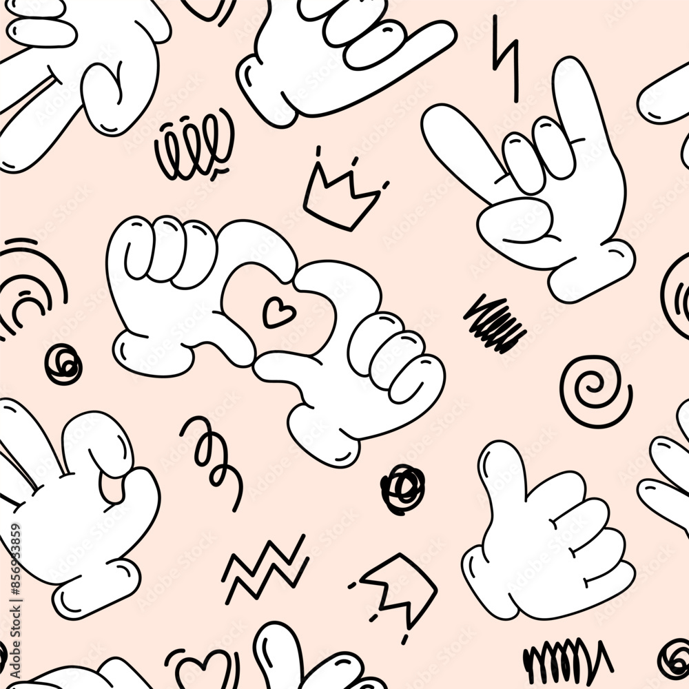 Retro cartoon hands gestures in gloves seamless pattern.Comic arms ...