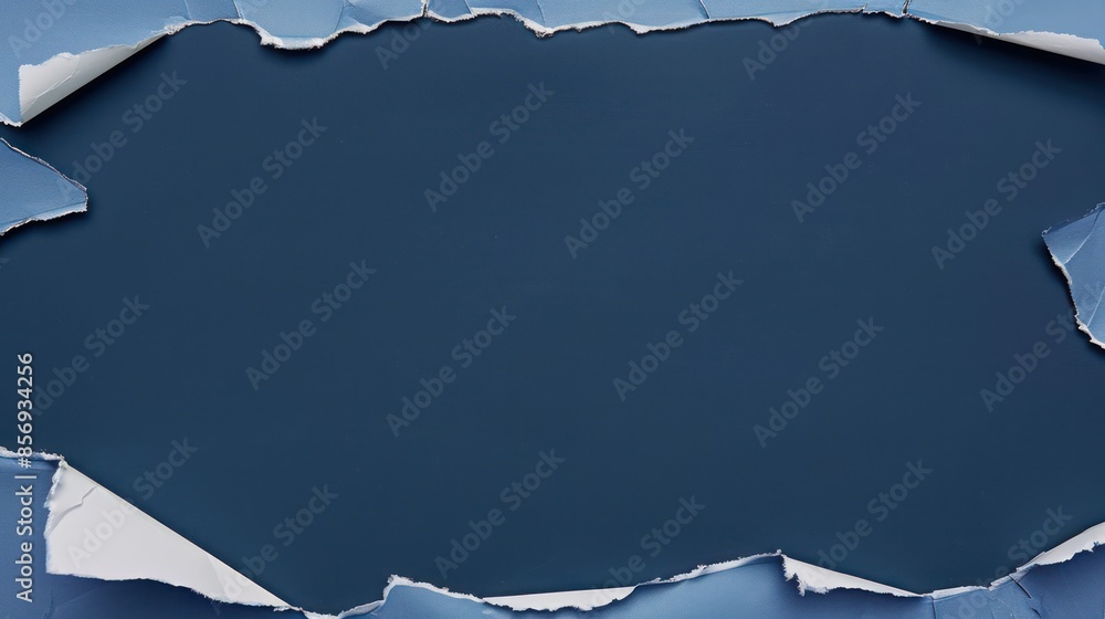 dramatic torn paper effect, revealing a solid dark blue background ...
