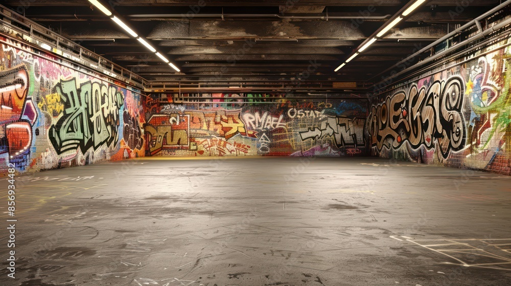 An expansive, empty parking lot surrounded by vibrant, artistic ...