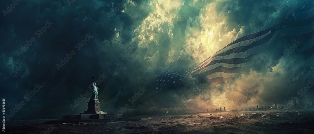 Dramatic dystopian artwork depicting the Statue of Liberty against a ...