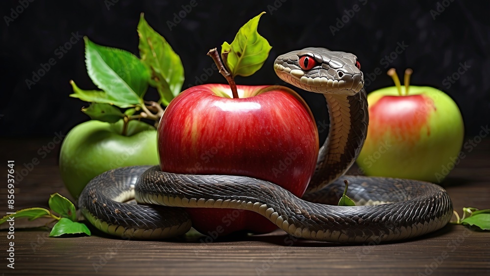 fruit that is banned. A crimson apple and a snake, the serpent coiling ...