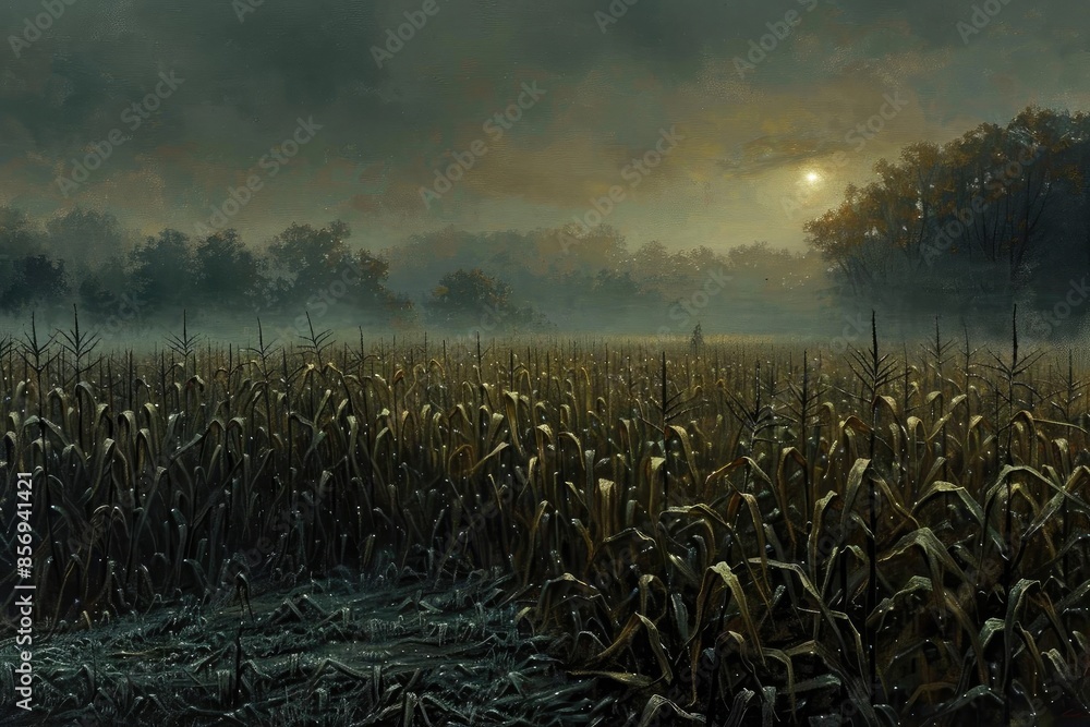 Dark misty cornfield under a cloudy sky, illuminated by a faint moonlight, creating a mysterious ...
