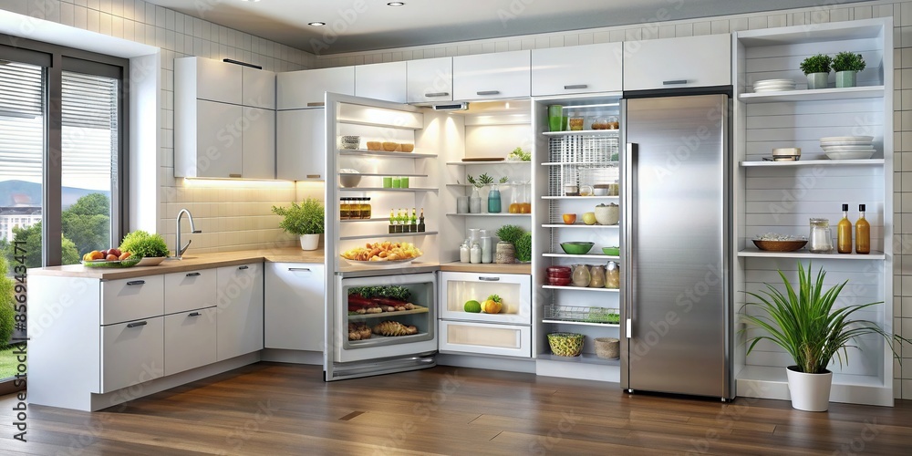 Open fridge in modern kitchen with organized interior , kitchen, fridge ...