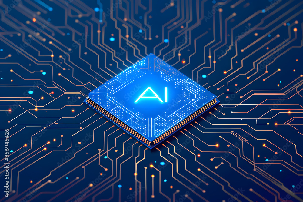 Glowing light blue neon AI chip with thin circuit contact lines. AI ...