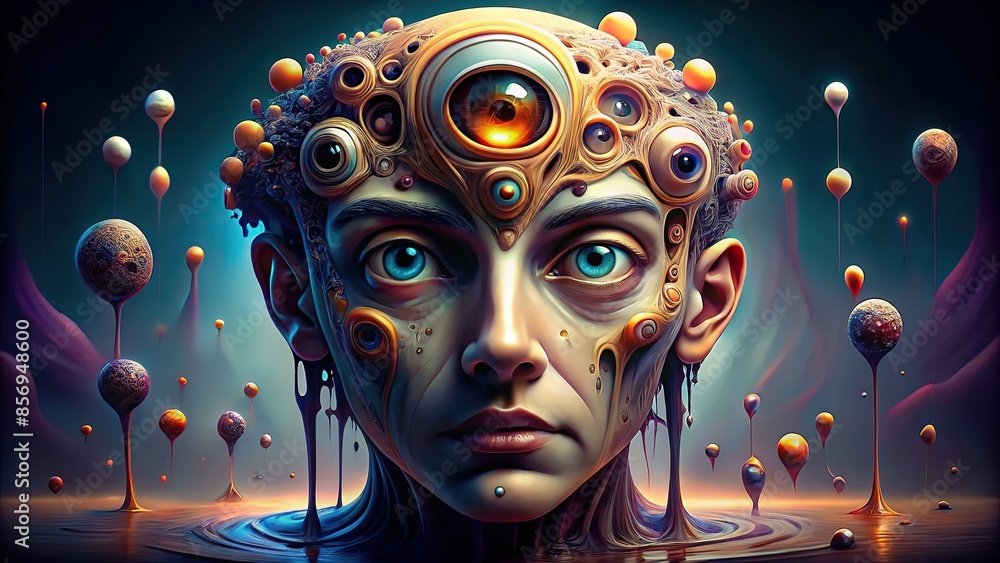 Surreal head with multiple eyes and melting features, surreal, head ...