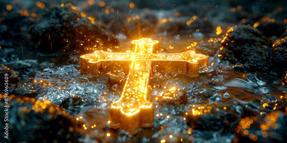Abstract close up photo of a Royal holy cross , decorated by glittering ...