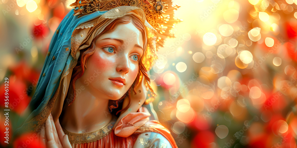 hyper realistic elegant statue of a pretty Virgin Mary with a golden ...