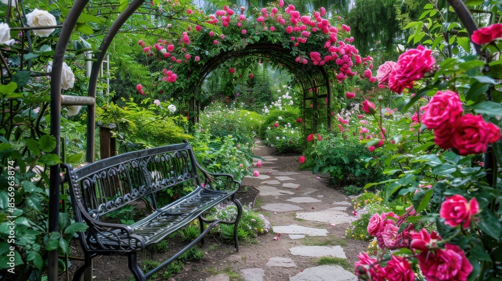 Idyllic rose garden with winding stone pathways, a wrought iron bench ...