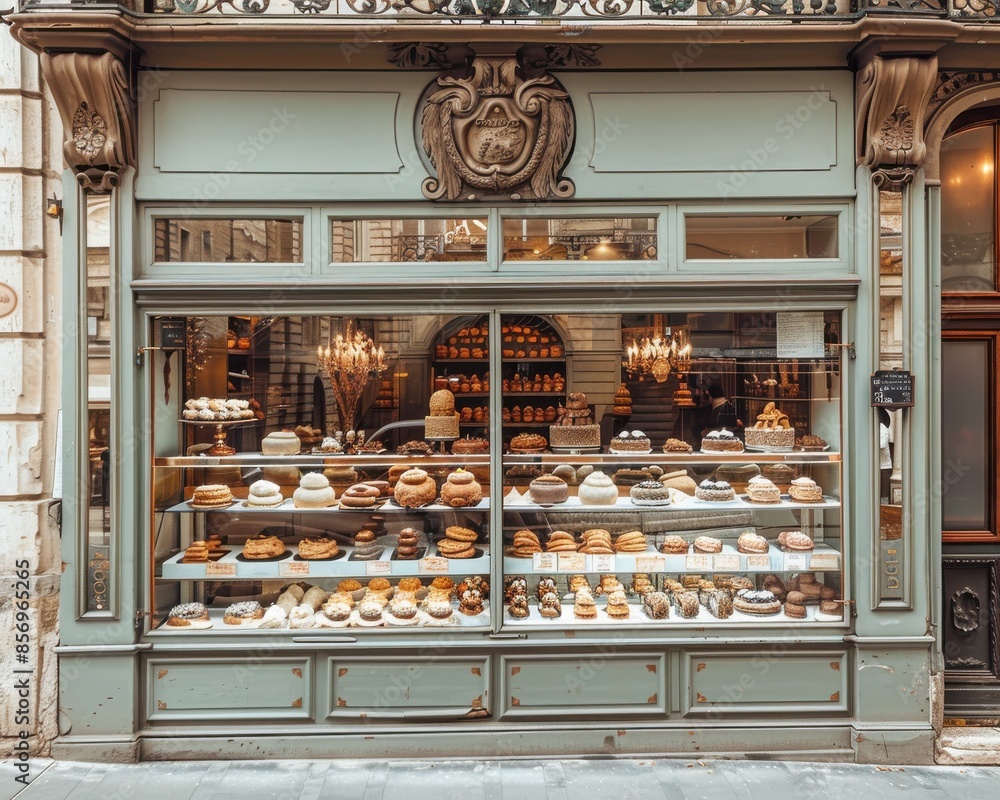 Picturesque French patisserie with a vintage storefront, elegant glass ...
