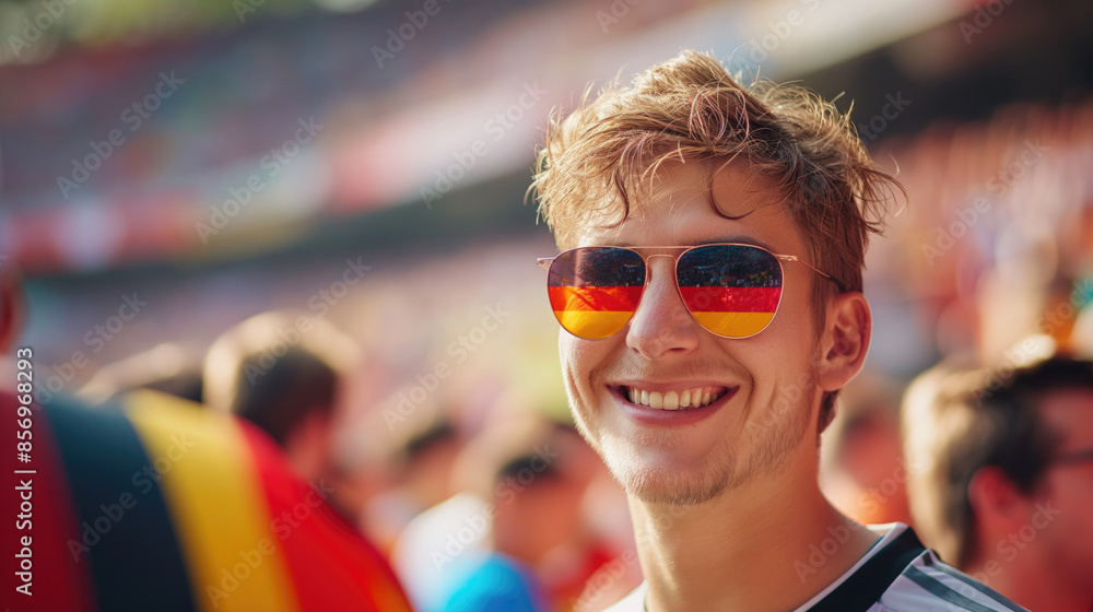 Portrait of a happy German national team soccer fan wearing glasses on ...