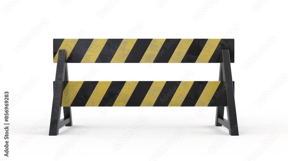 Image features a safety barricade with yellow and black stripes ...