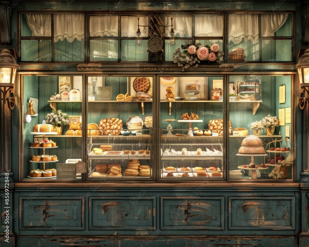 Quaint French patisserie with a vintage storefront, a glass display ...