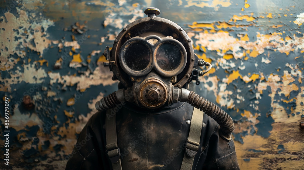 Foto de Deep sea diver in a heavy diving suit, ready for an underwater ...