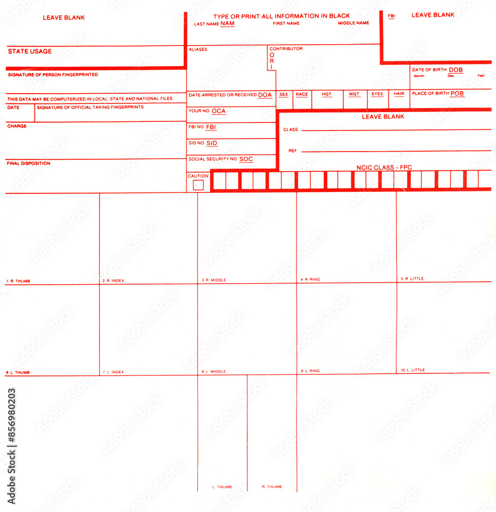 Blank fingerprint card form, for fingerprint registration of those ...