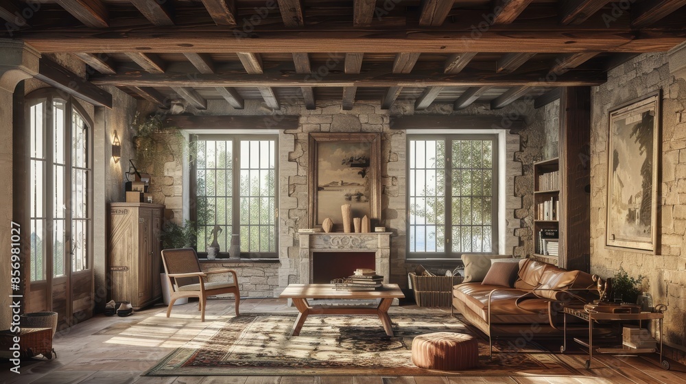 Vintagestyle room with French windows, exposed wooden beams, a rustic ...