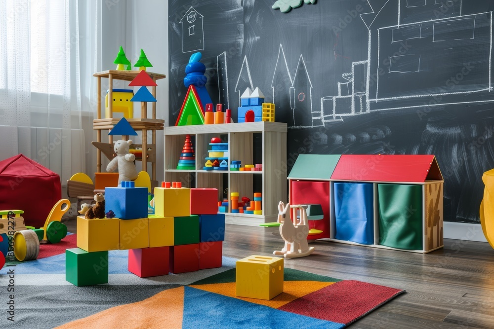 Colorful educational blocks playroom with chalkboard background mockup ...