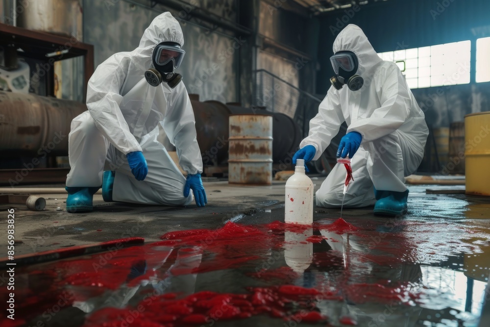 A team of two chemists, wearing PPE suits and gas masks, recover a ...