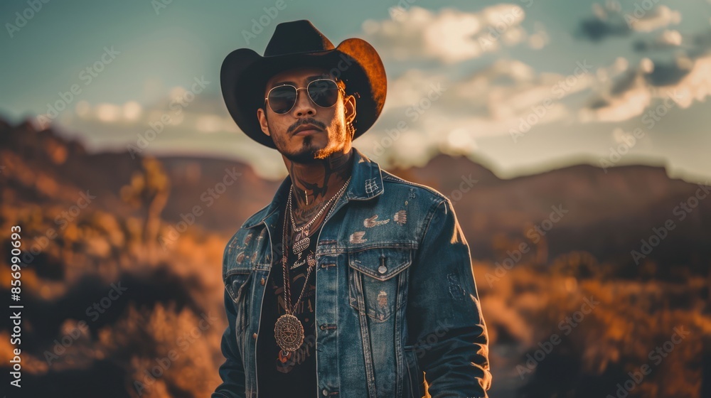 Texan-inspired Asian male model posing in cowboy outfit with black ...