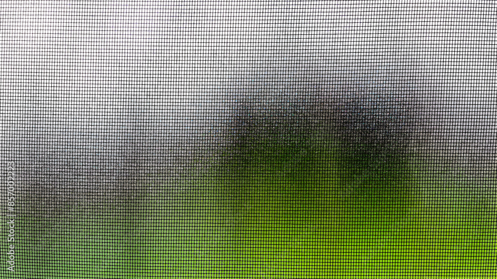 Blurry view of green nature through a window screen. The mesh grid ...