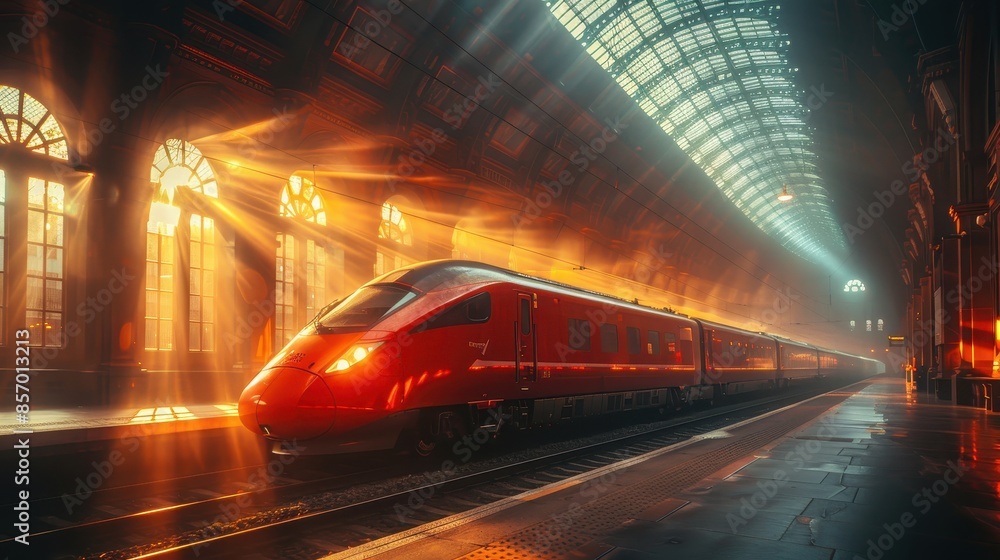 A modern red train stands in a train station with sun rays beaming ...
