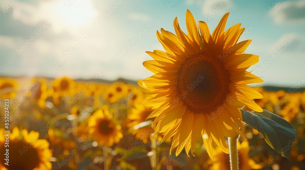 Visualize a vibrant sunflower field stretching to the horizon, with ...