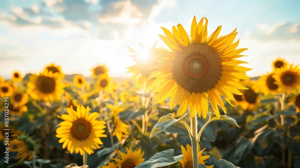 Visualize a vibrant sunflower field stretching to the horizon, with ...