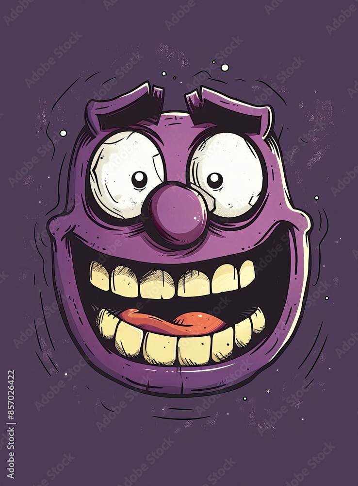 Cartoon purple face with big smile and red clown nose on purple ...