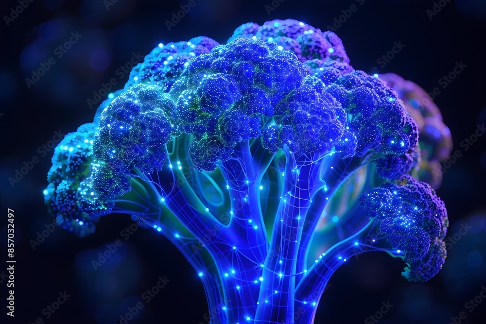 A blue broccoli tree with glowing lights. The tree is surrounded by a ...