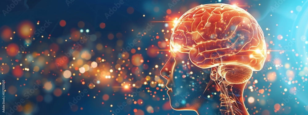 long horizontal image, front view, abstract science concept, brain ...