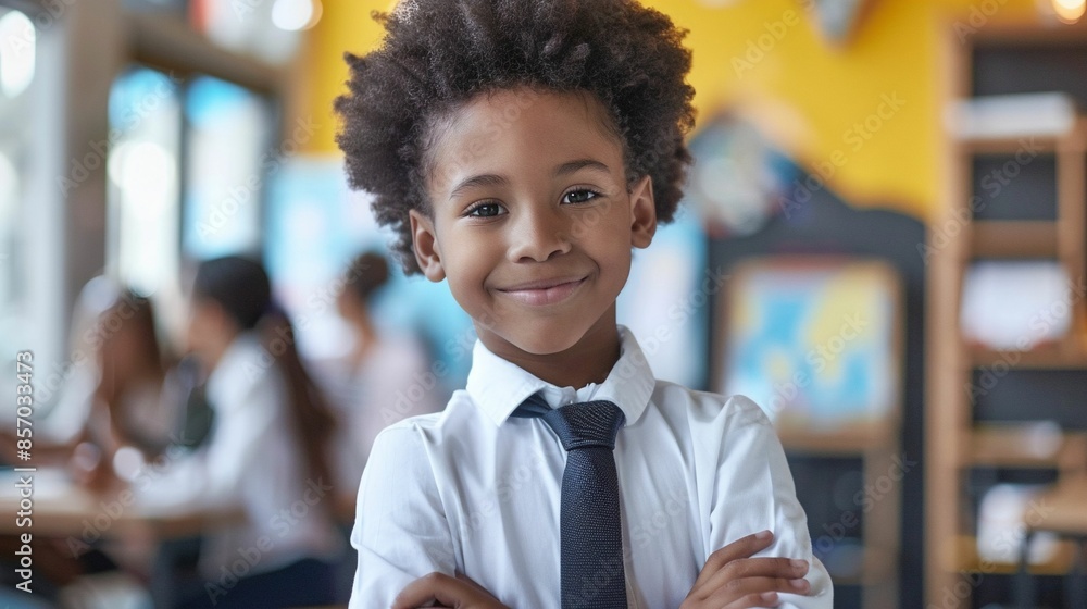 horizontal image, front view, happy afro american schoolkid boy wearing ...