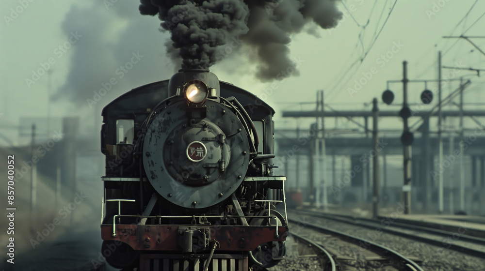 A steam train travels through dense smoke, capturing the essence of ...