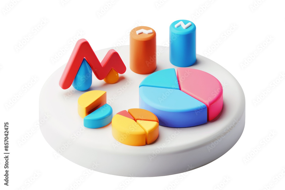 Colorful 3D business chart and graph elements on white platform ...