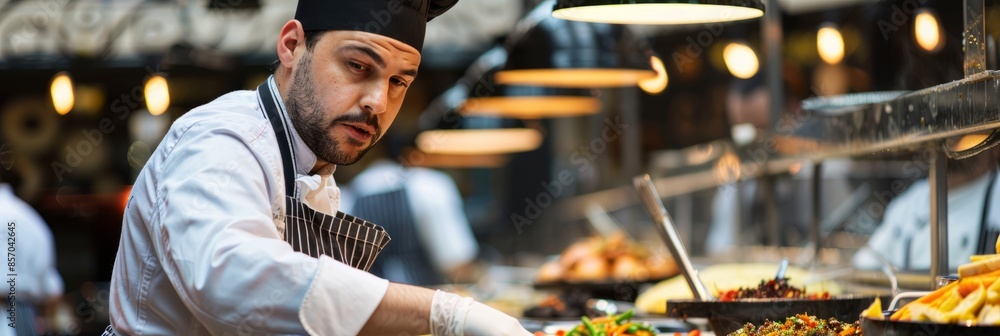 A chef in a white uniform and black striped apron prepares food in a ...
