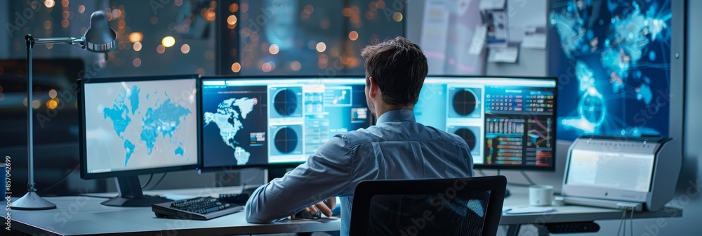 A man sits at a desk in a modern office, intently focused on a computer with multiple monitors ...