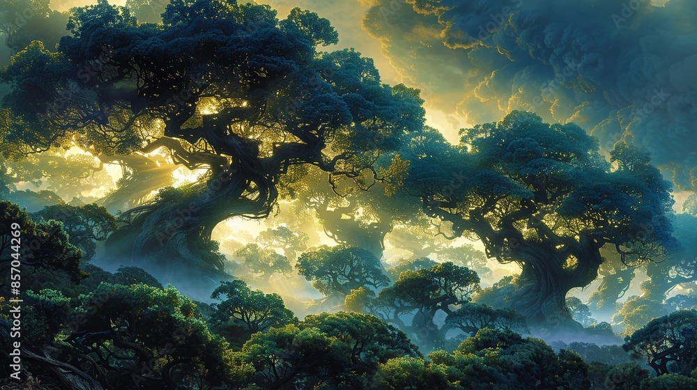 Mystical groves blanketed in ethereal mist, where ancient trees stand ...